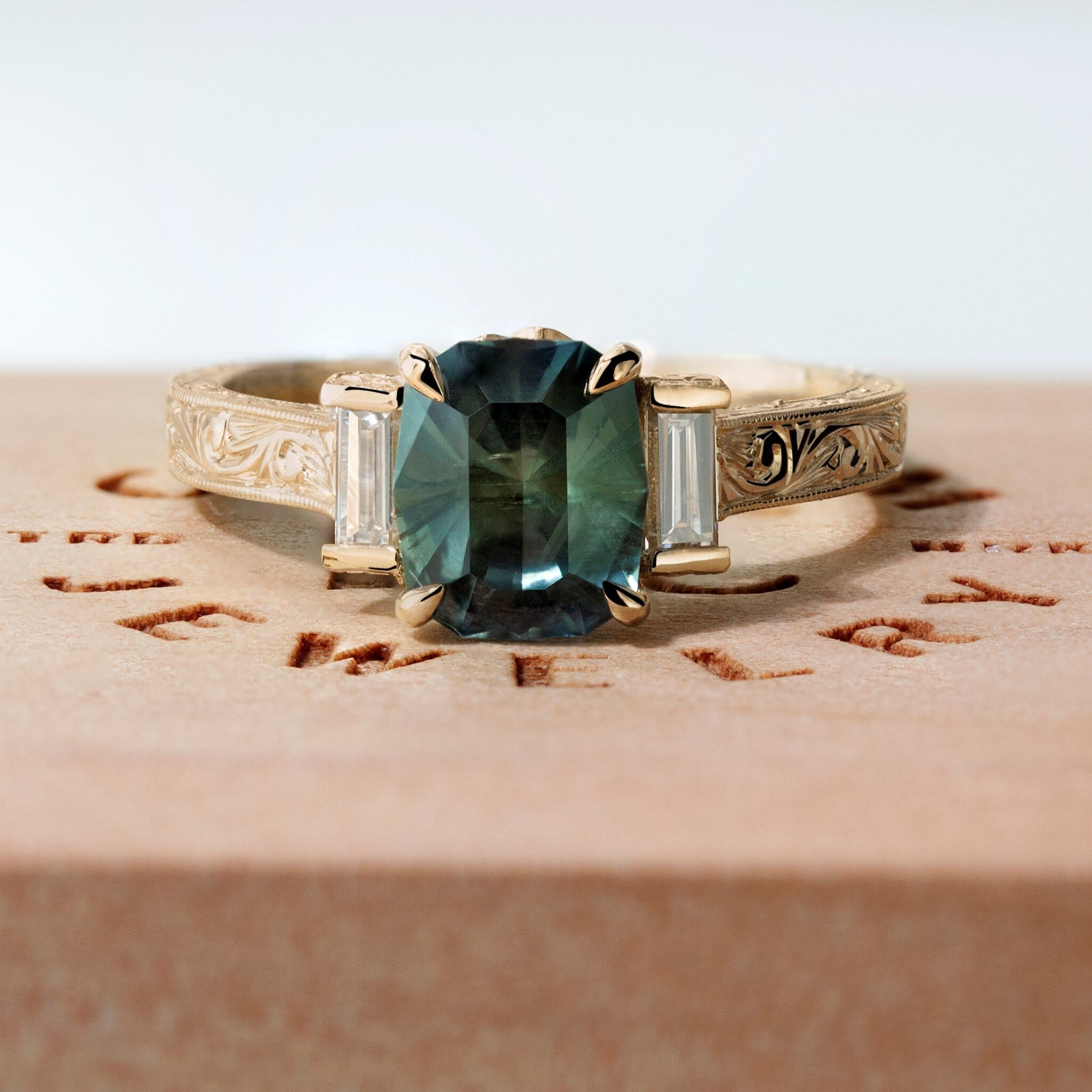 Custom Sapphire Hand Engraved Ring - Emily Chelsea