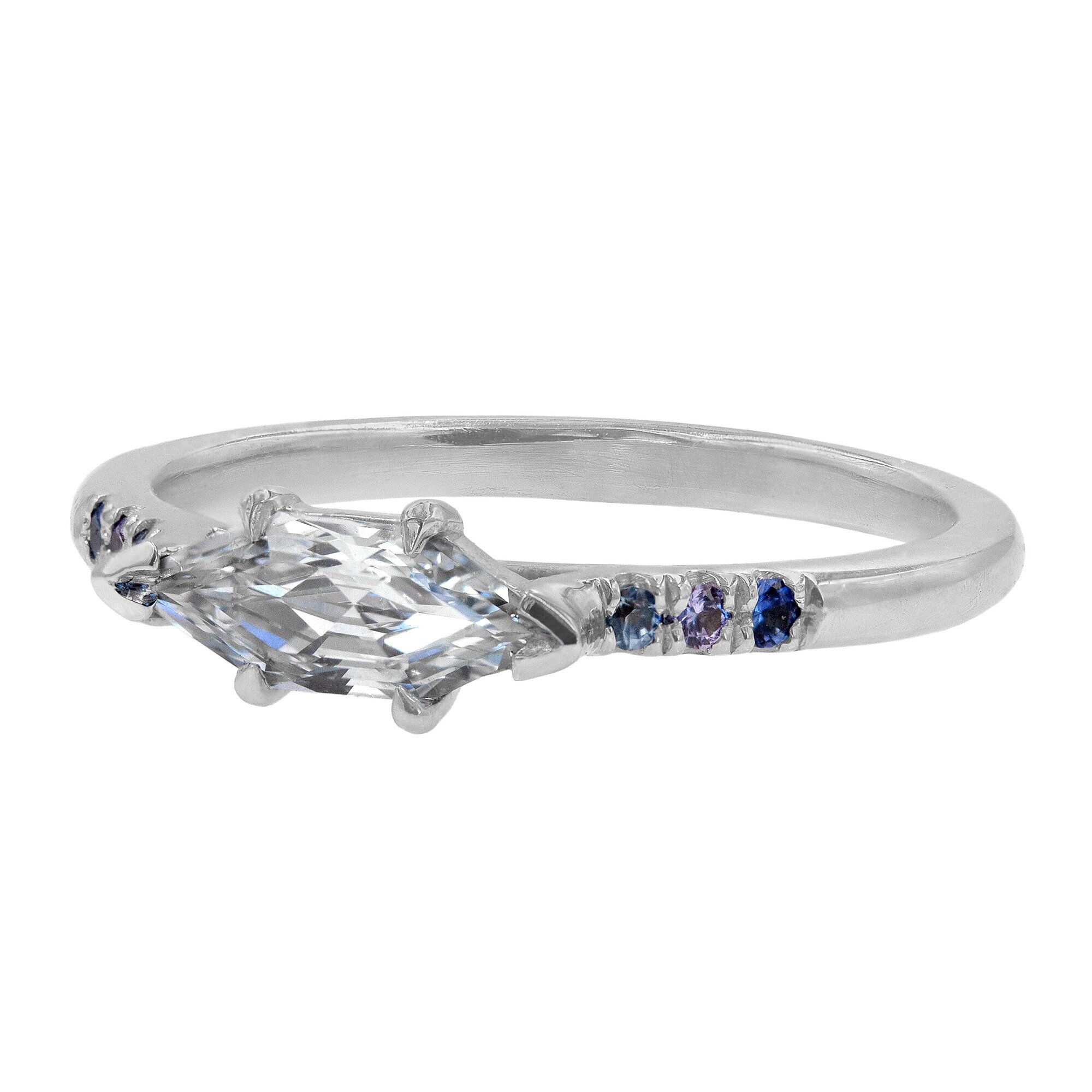 Custom Elongated Hexagonal Diamond Ring with Sapphires - Emily Chelsea