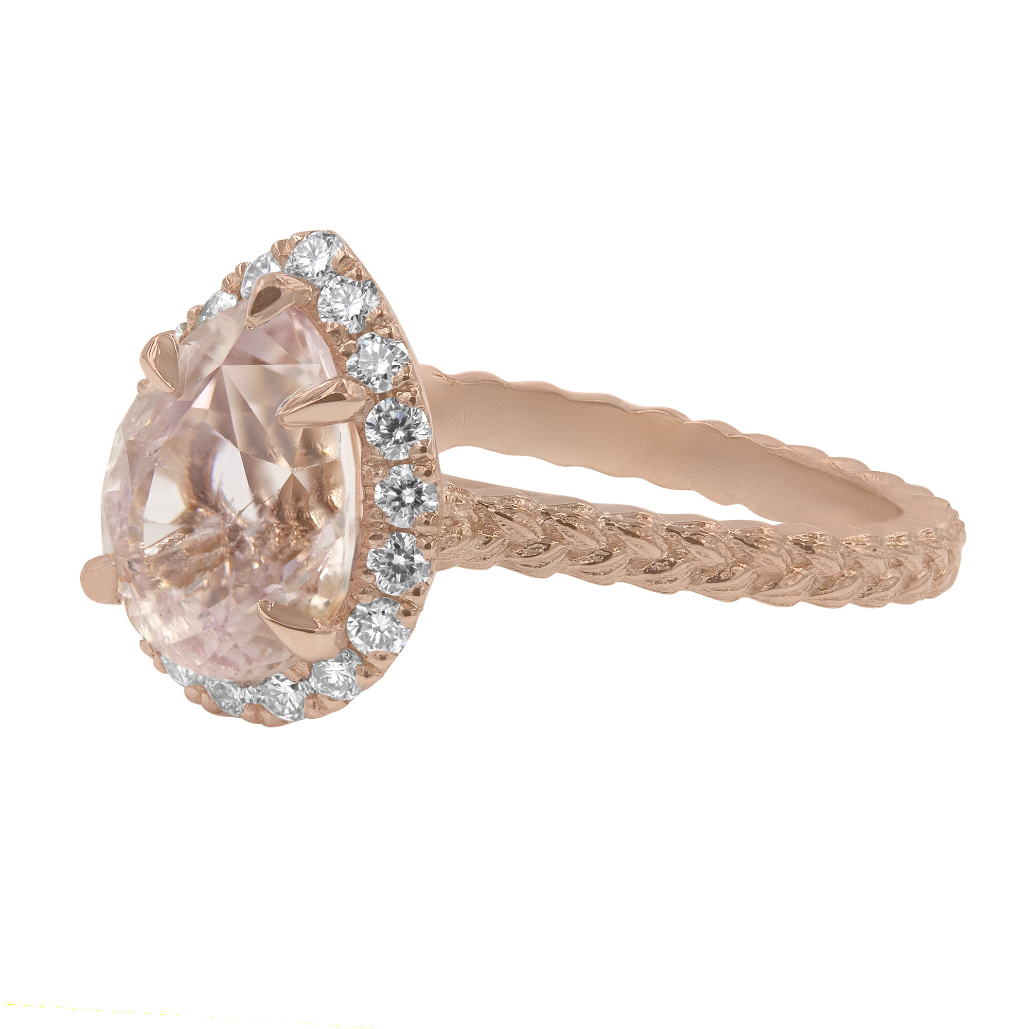 Custom Pear Shaped Peach Sapphire Halo Ring