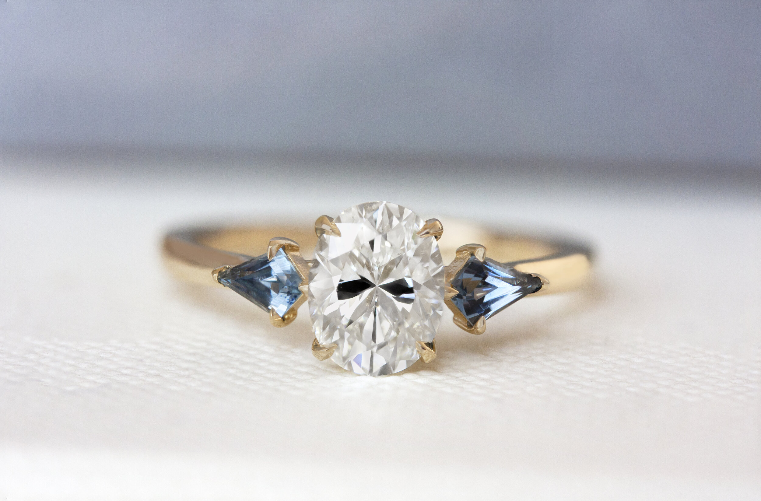 Custom Oval Diamond and Kite Shape Sapphire Ring - Emily Chelsea