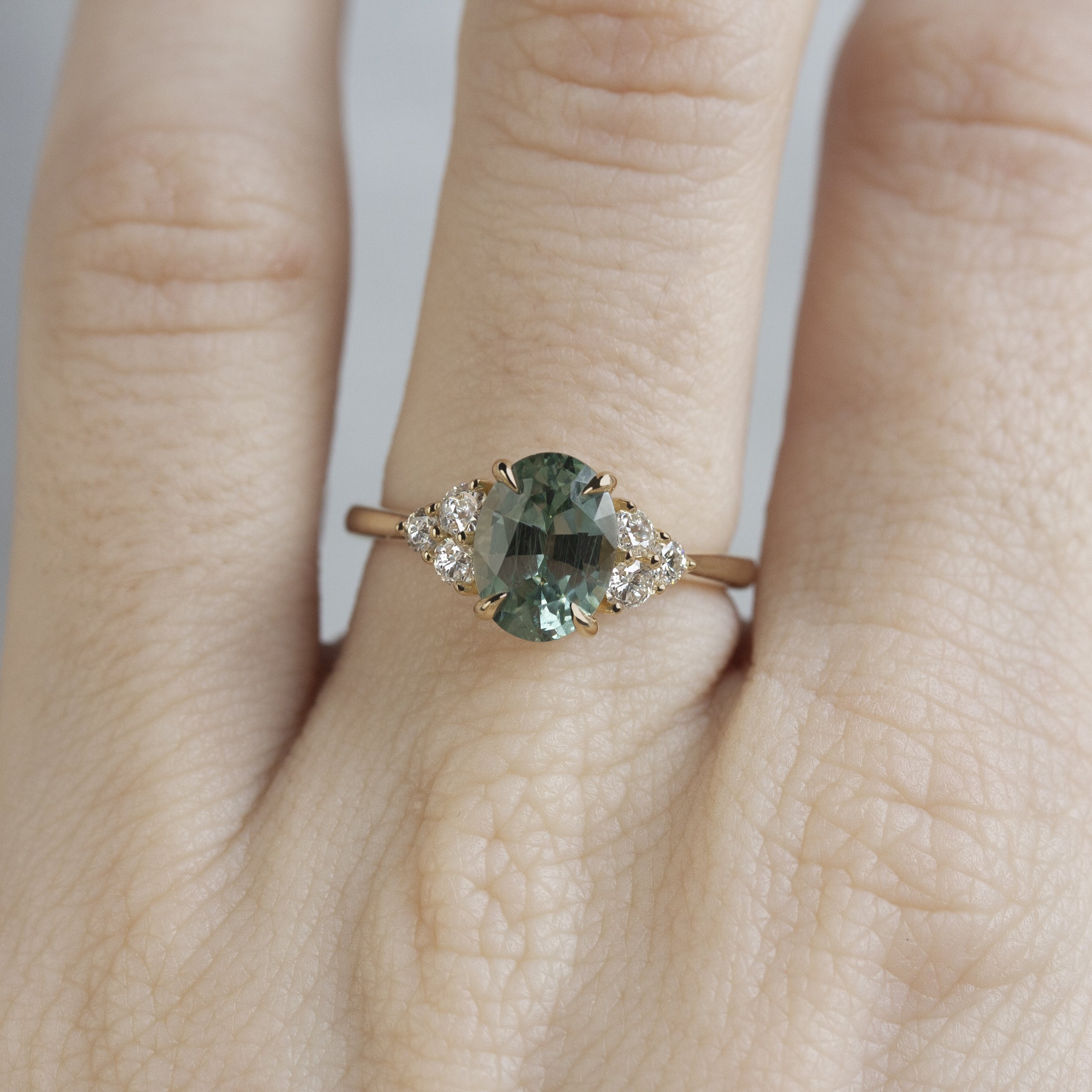 Montana Sapphire With Diamond Cluster Side Stones - Emily Chelsea