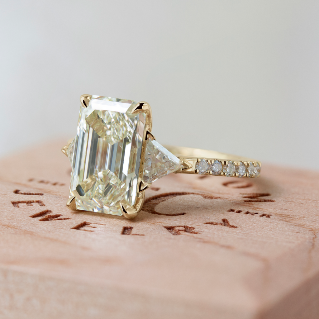 Custom Three Stone Engagement Ring With Triangle Diamond Side Stones ...