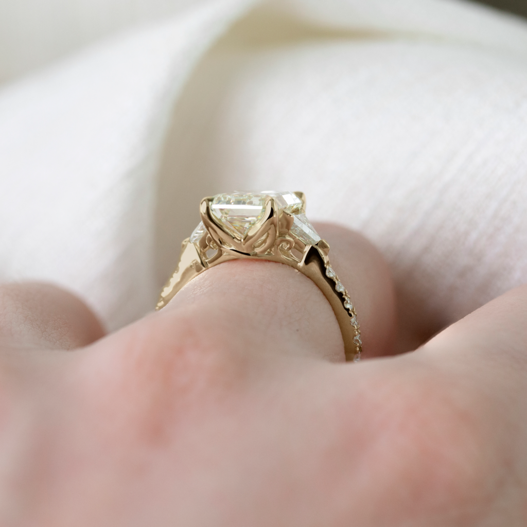 Custom Three Stone Engagement Ring With Triangle Diamond Side Stones ...