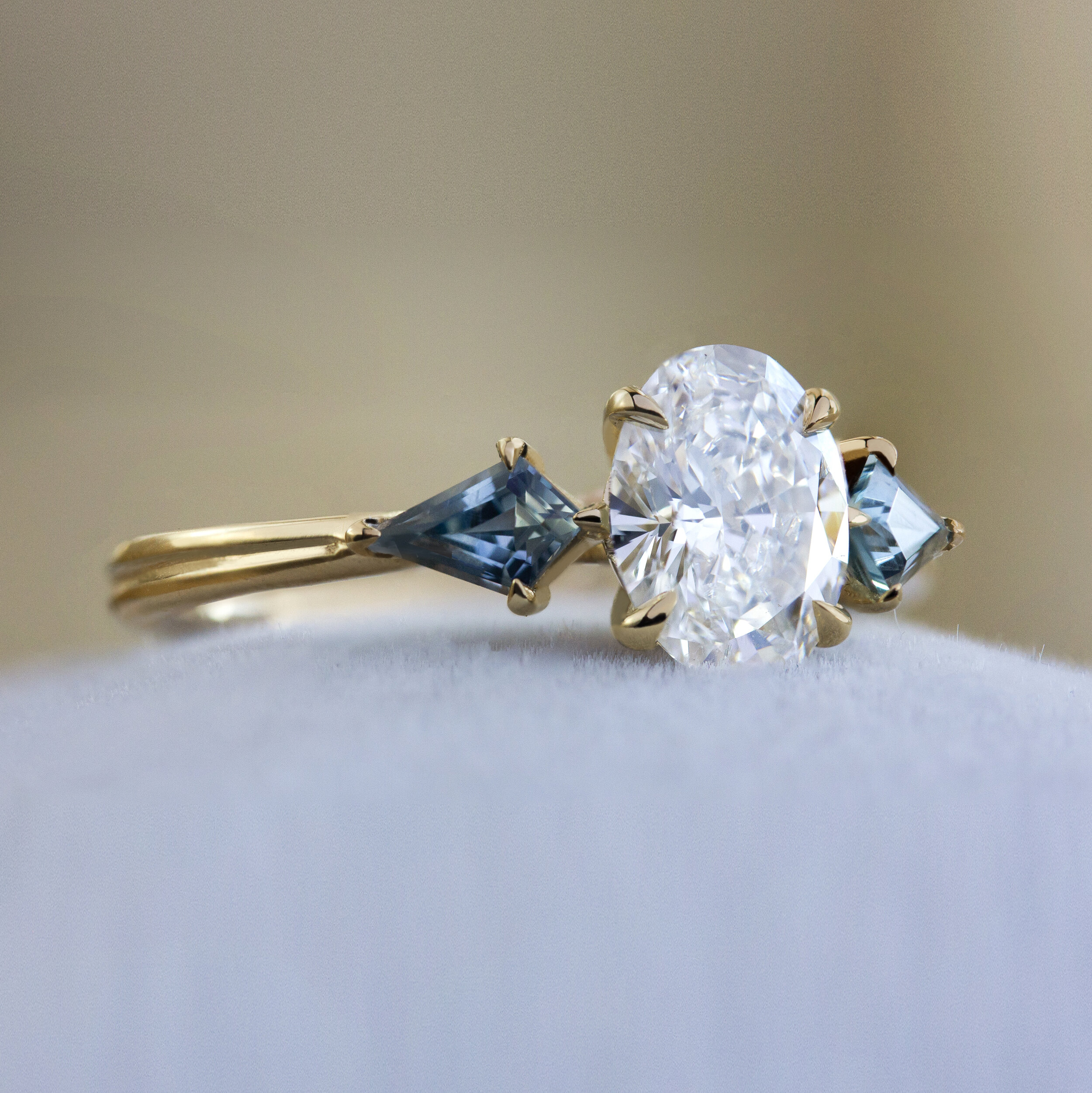 Custom Oval Diamond and Kite Shaped Sapphire Ring - Emily Chelsea