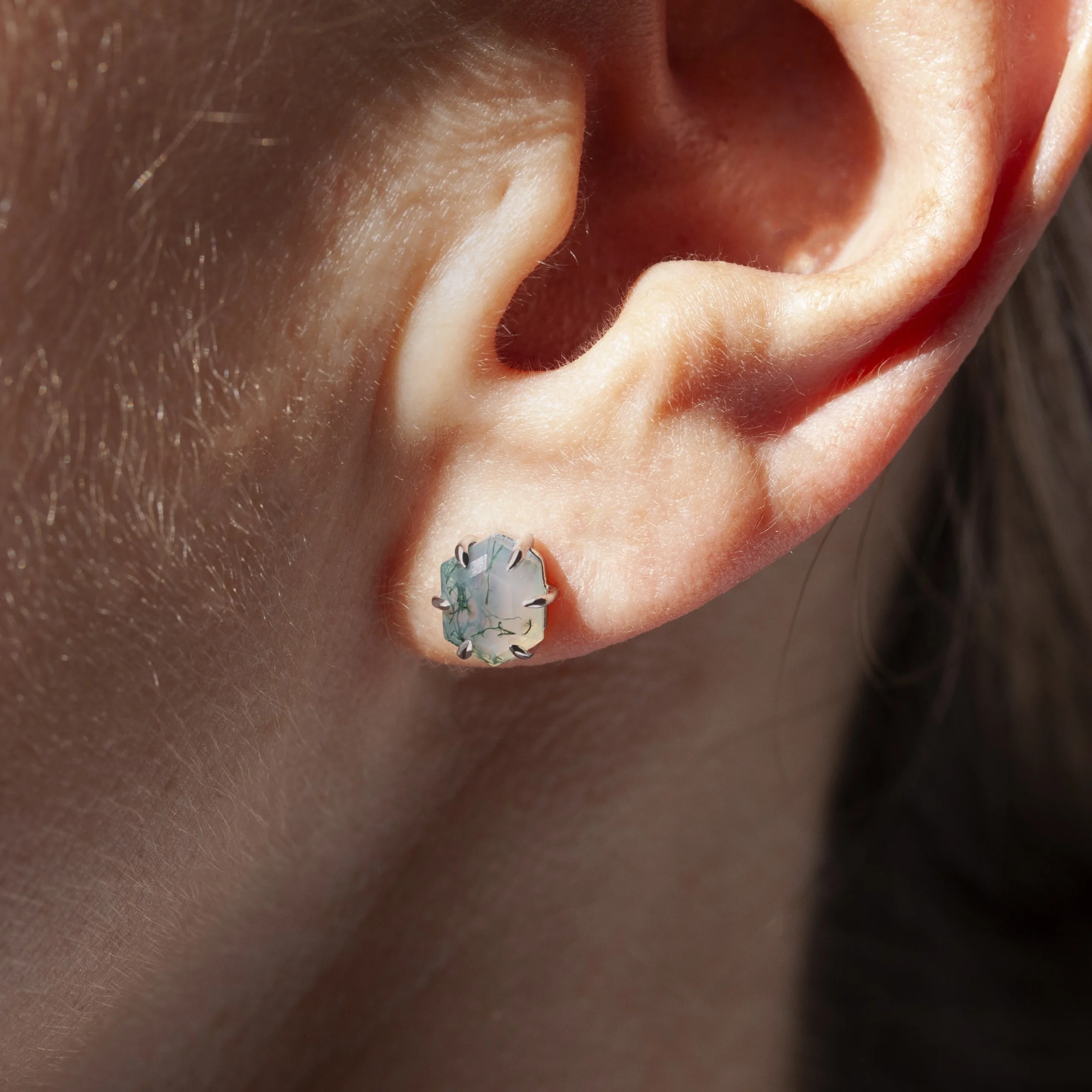 Hex Studs with Moss Agate - Emily Chelsea